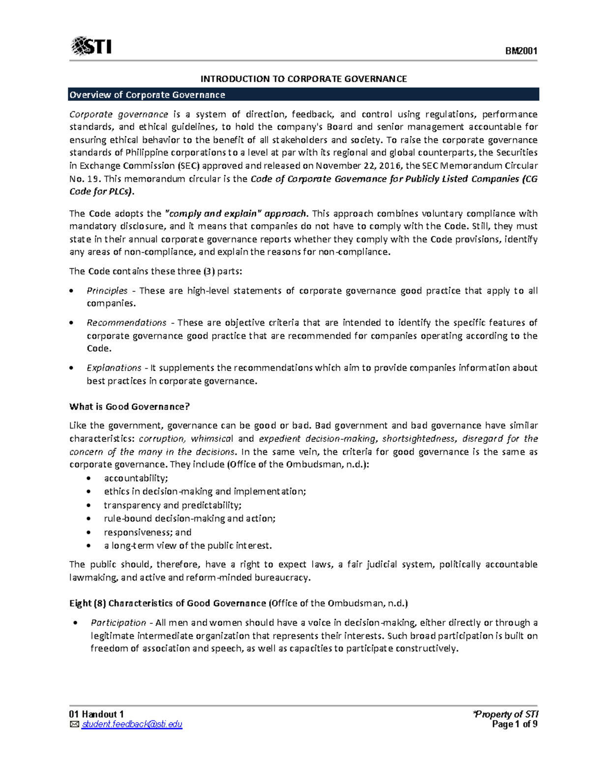 01 Handout 1 - N/A - 01 Handout 1 *Property of STI INTRODUCTION TO CORPORATE GOVERNANCE Overview ...