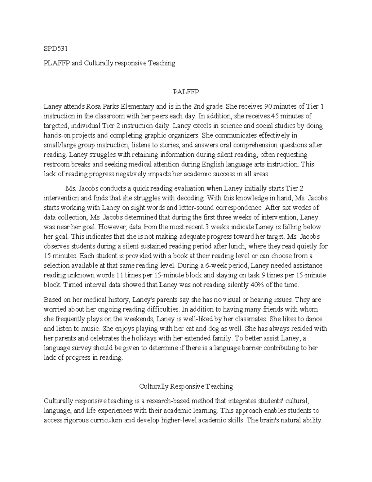 SPD531 Plaffp - SPD PLAFFP and Culturally responsive Teaching PALFFP ...
