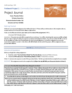 Anthro 104 Fieldwork Journal 3 - Class: GEN&WS 102 Keep a tally of how ...