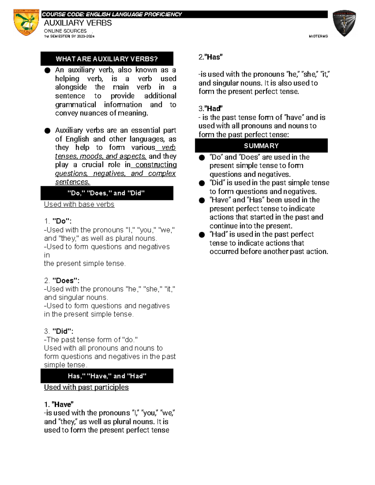 ELP 2nd module - Auxillary verbs - COURSE CODE: ENGLISH LANGUAGE ...