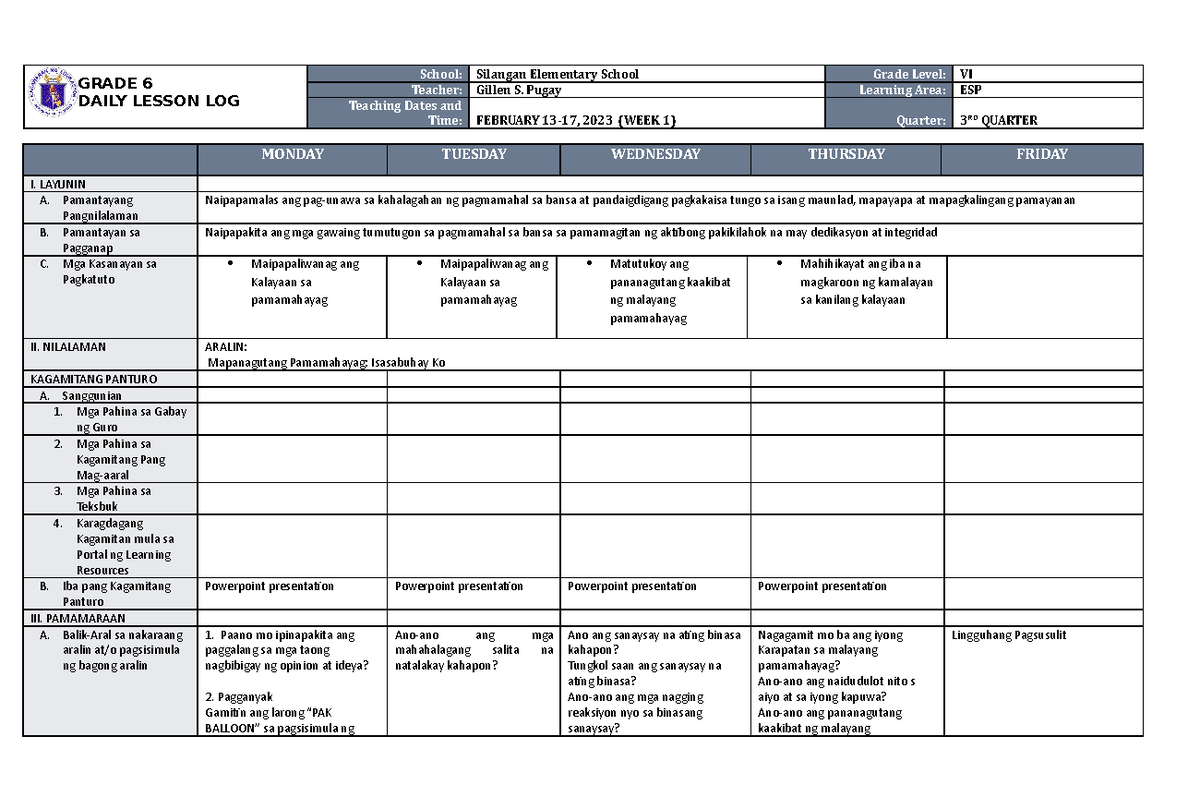 ESP Q3 WEEK 1 - Use as a guide for teaching - GRADE 6 DAILY LESSON LOG ...