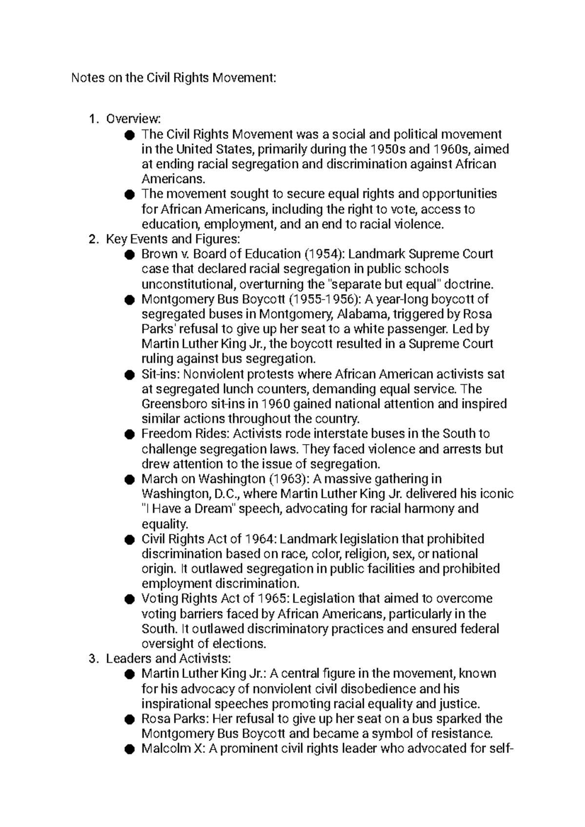 Civil rights movemnt - Notes in class - Notes on the Civil Rights ...