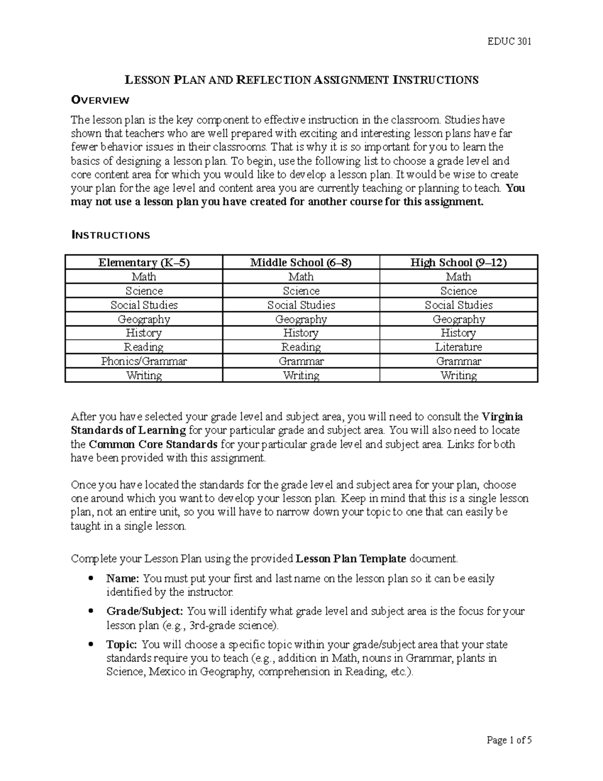 Lesson Plan and Reflection Assignment Instructions - LESSON PLAN AND ...