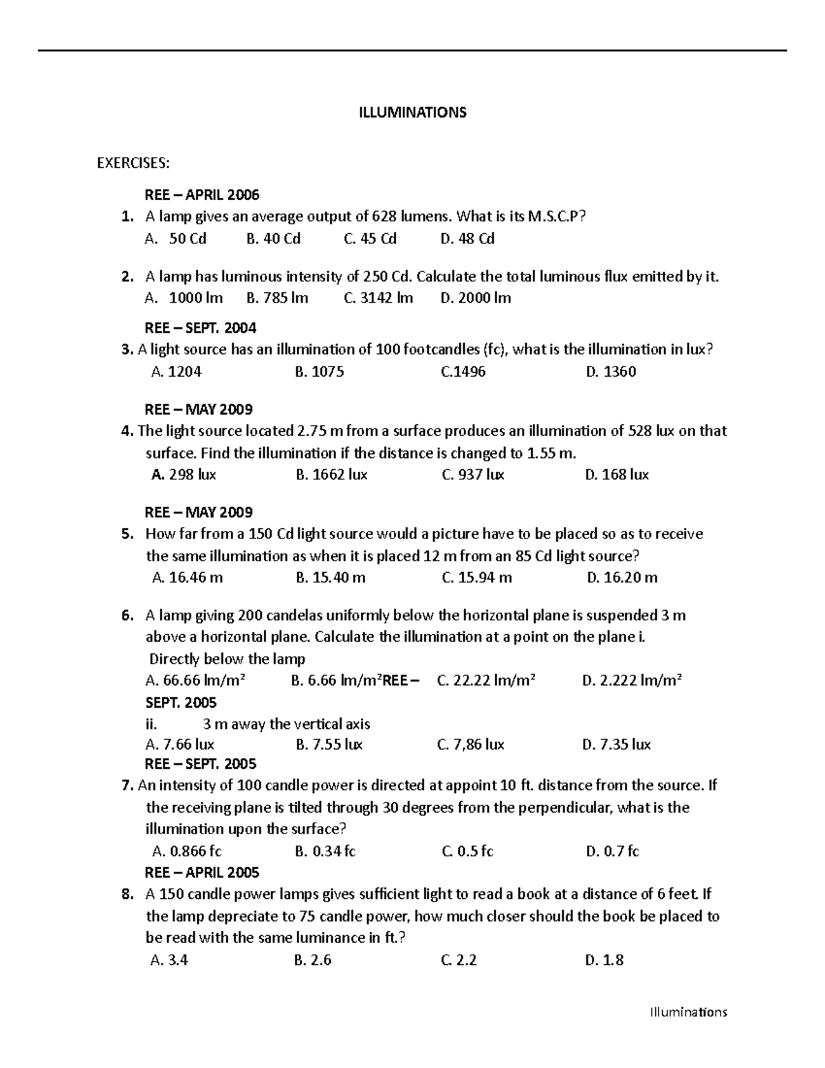 Illumination-Part-2 - Lecture Notes - ILLUMINATIONS EXERCISES: REE ...