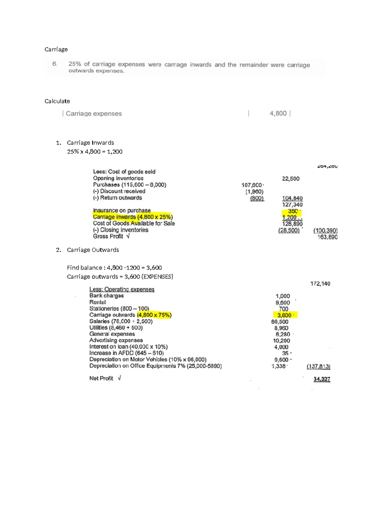 Carriage - acc116 - Business Administration - Carriage Calculate 1 ...