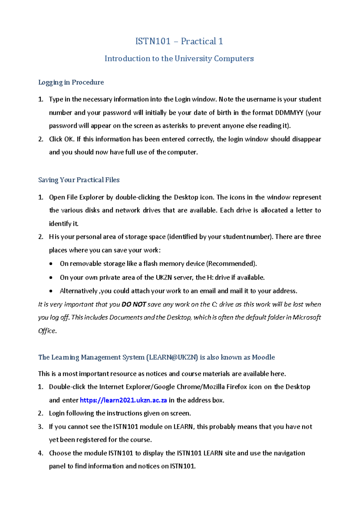ISTN101 Practical 01 - Introduction to the University Computers Logging ...