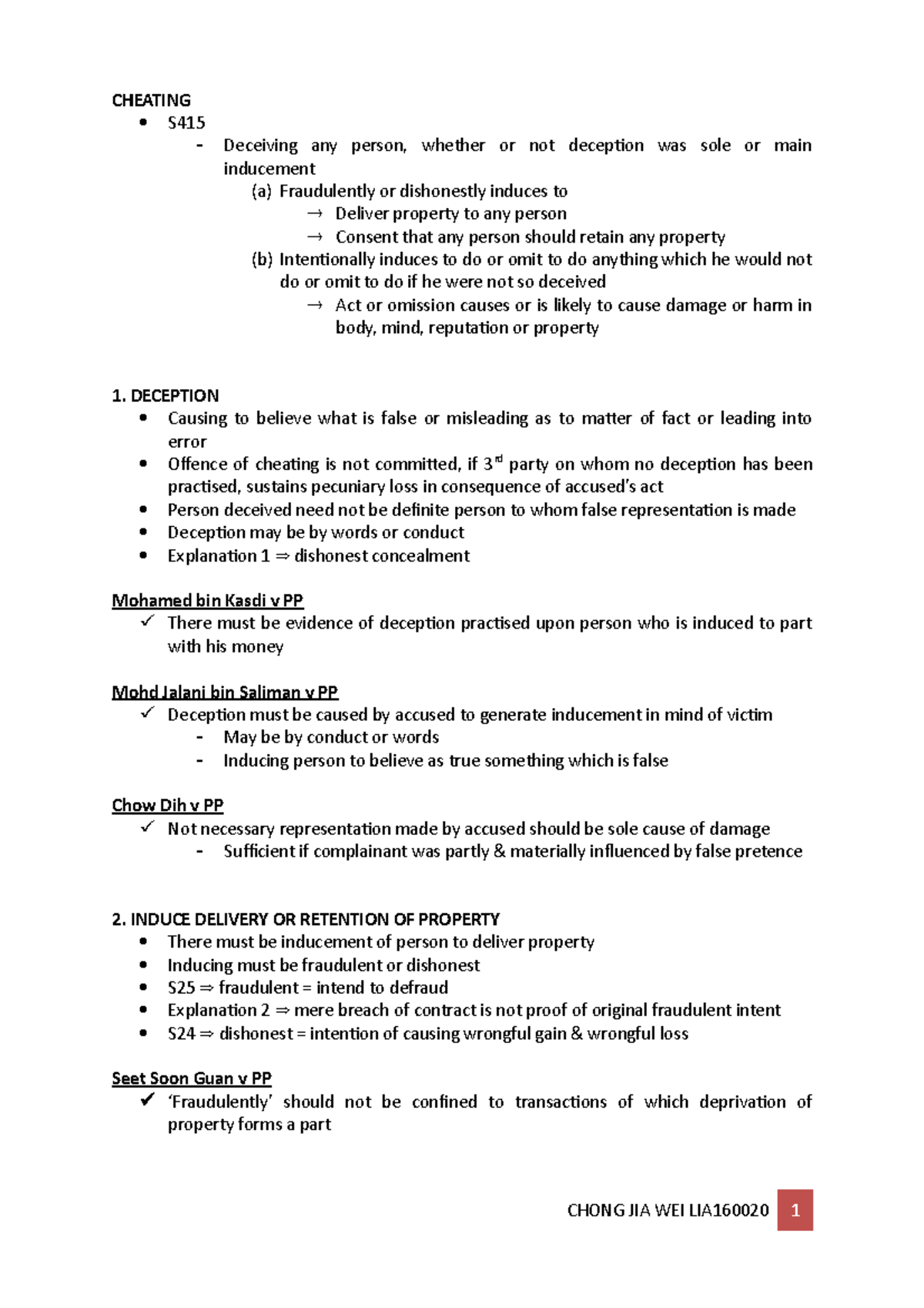 11 Cheating - CHEATING S415 Deceiving any person, whether or not deception was sole or main ...