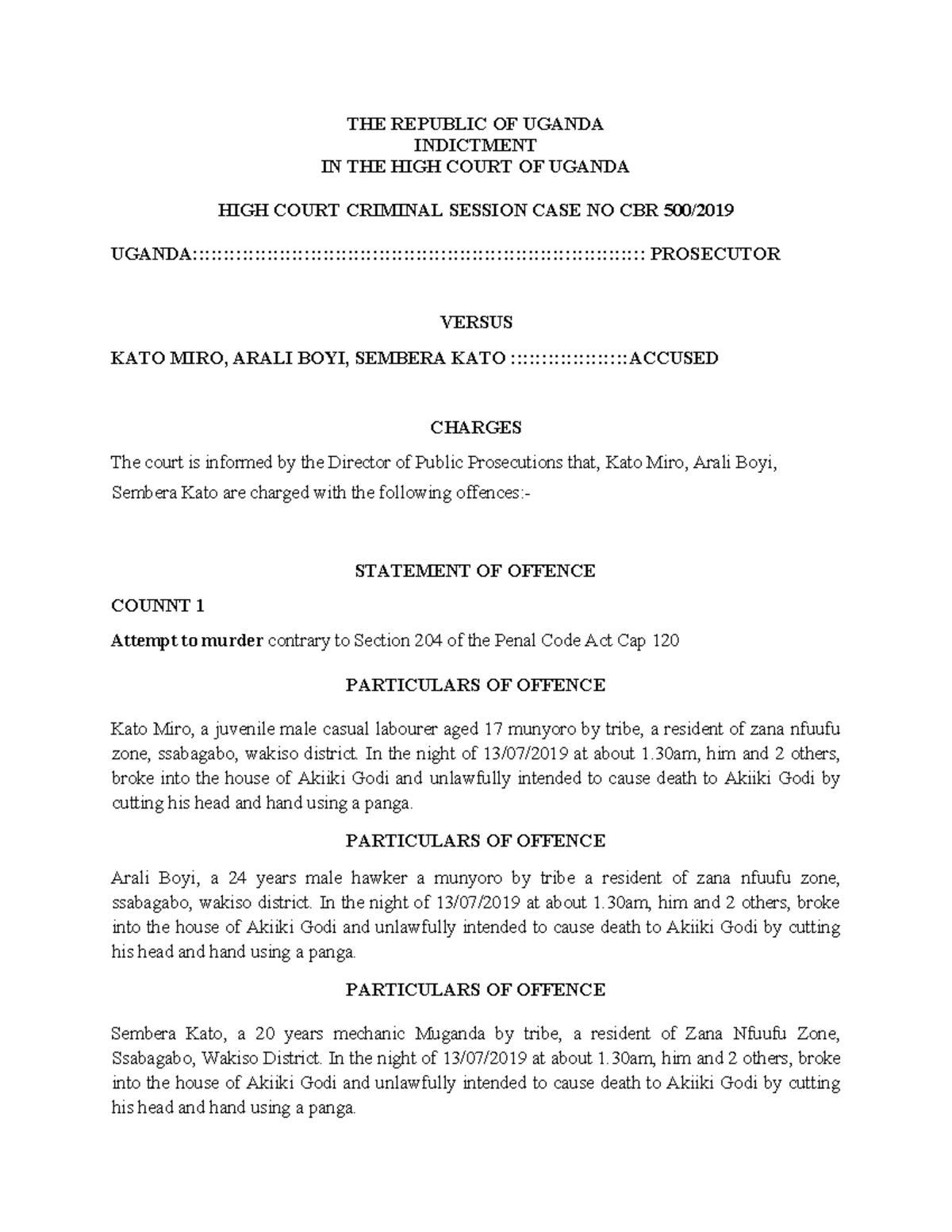 CP CAT1 - Assignment - THE REPUBLIC OF UGANDA INDICTMENT IN THE HIGH ...