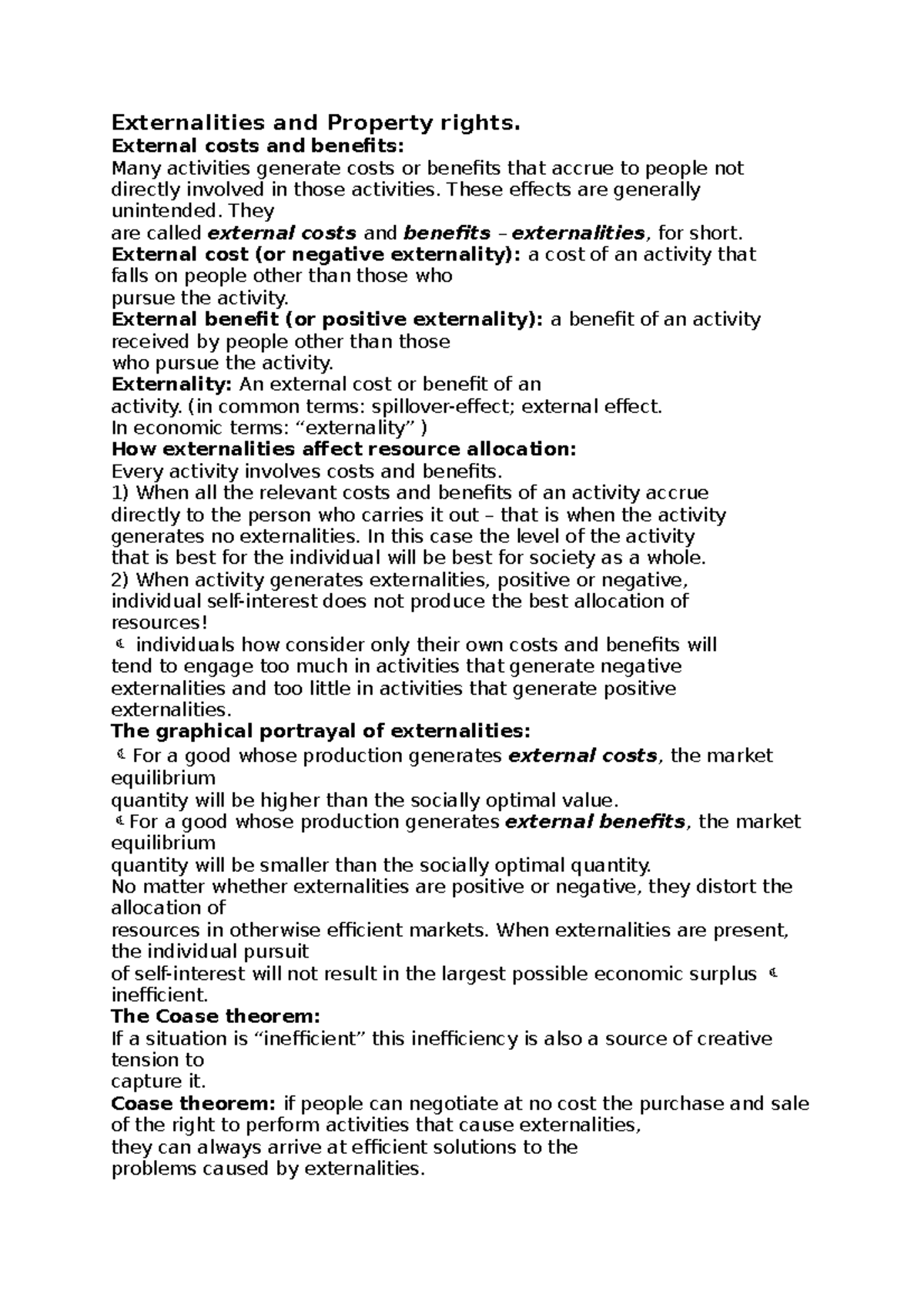 Externalities and Property rights - External costs and benefits: Many ...
