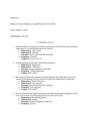3-2 Final Project Milestone One ICD-10 Coding - KIARA LE HIM-215-T1966 CODING & CLASSIFICATION ...