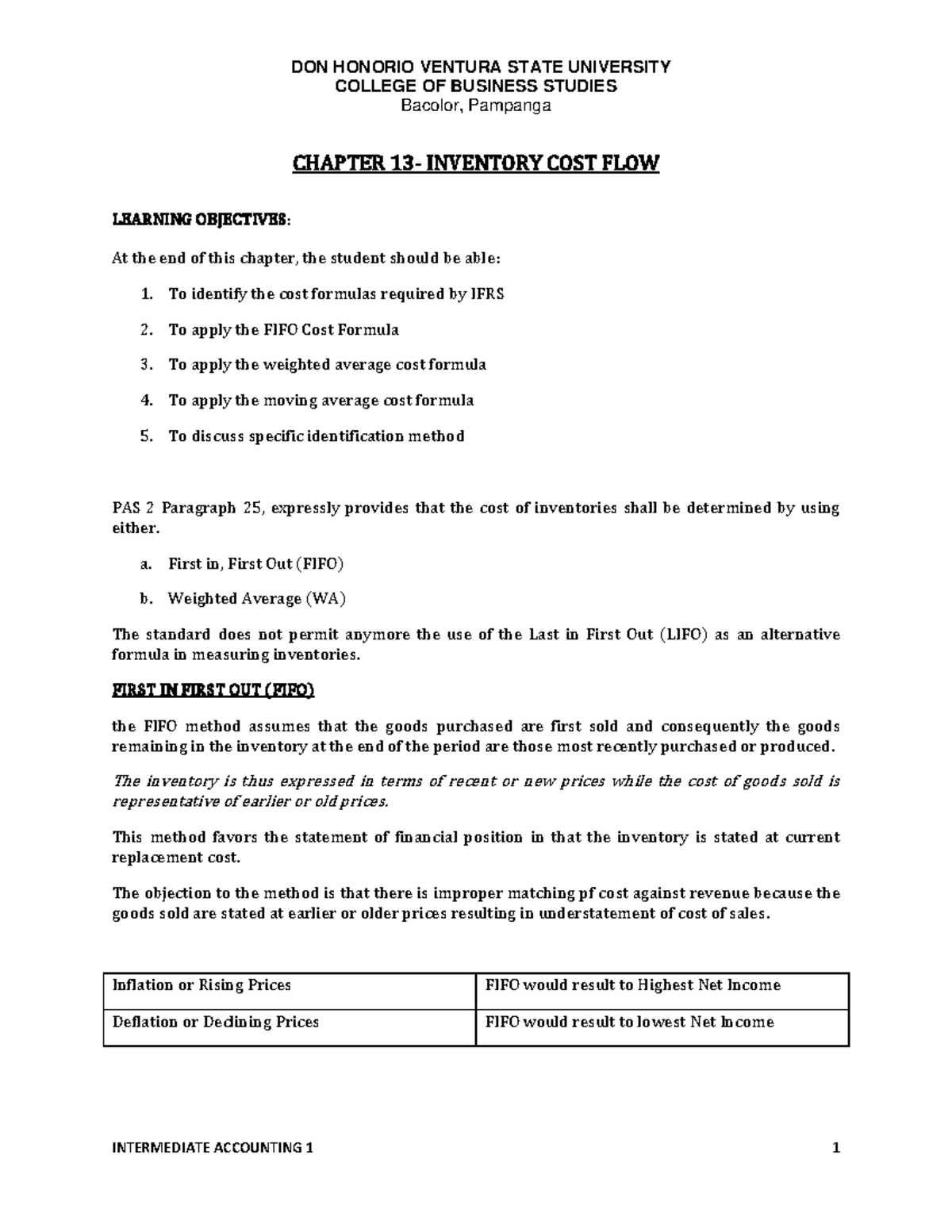 Inventory Cost Flow - Lecture notes 1 - COLLEGE OF BUSINESS STUDIES ...