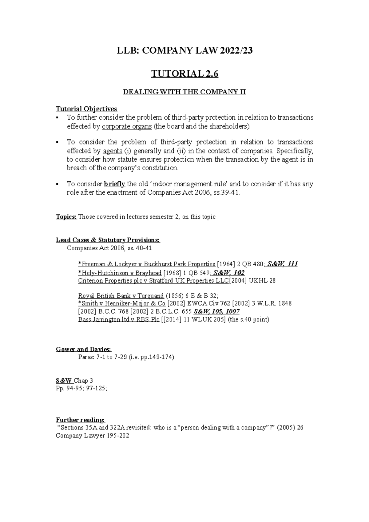 Dealing with the Company Tutorial handout - LLB: COMPANY LAW 2022 ...