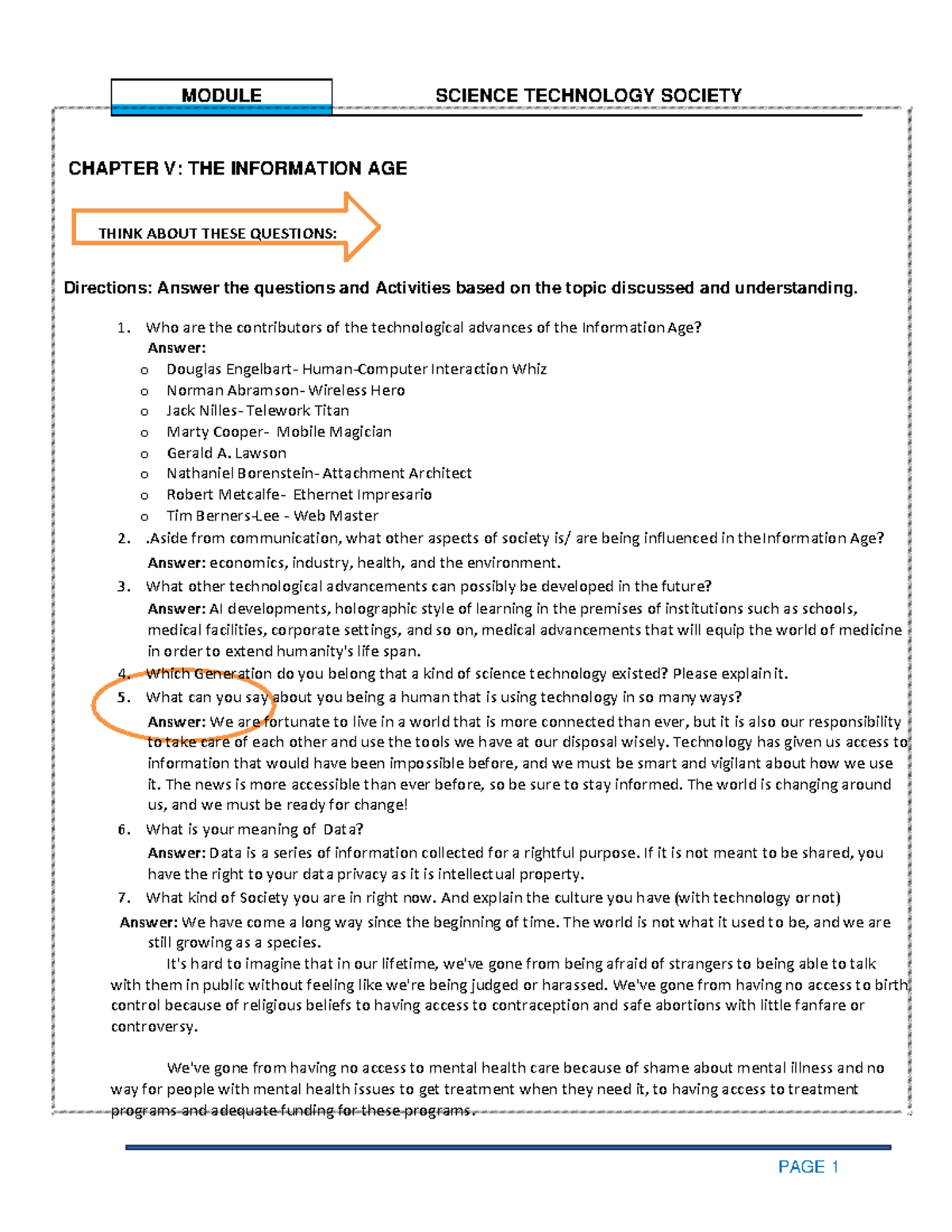 STS01 Activity Chapter - SCIENCE TECHNOLOGY SOCIETY CHAPTER V: THE INFORMATION AGE THINK ABOUT ...