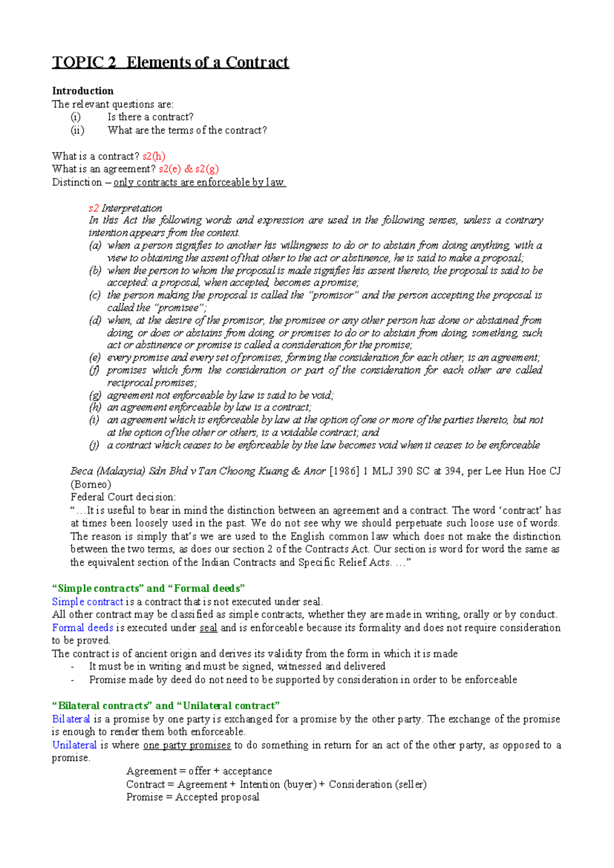 Topic 2 Elements of Contract - TOPIC 2 Elements of a Contract Introduction The relevant ...