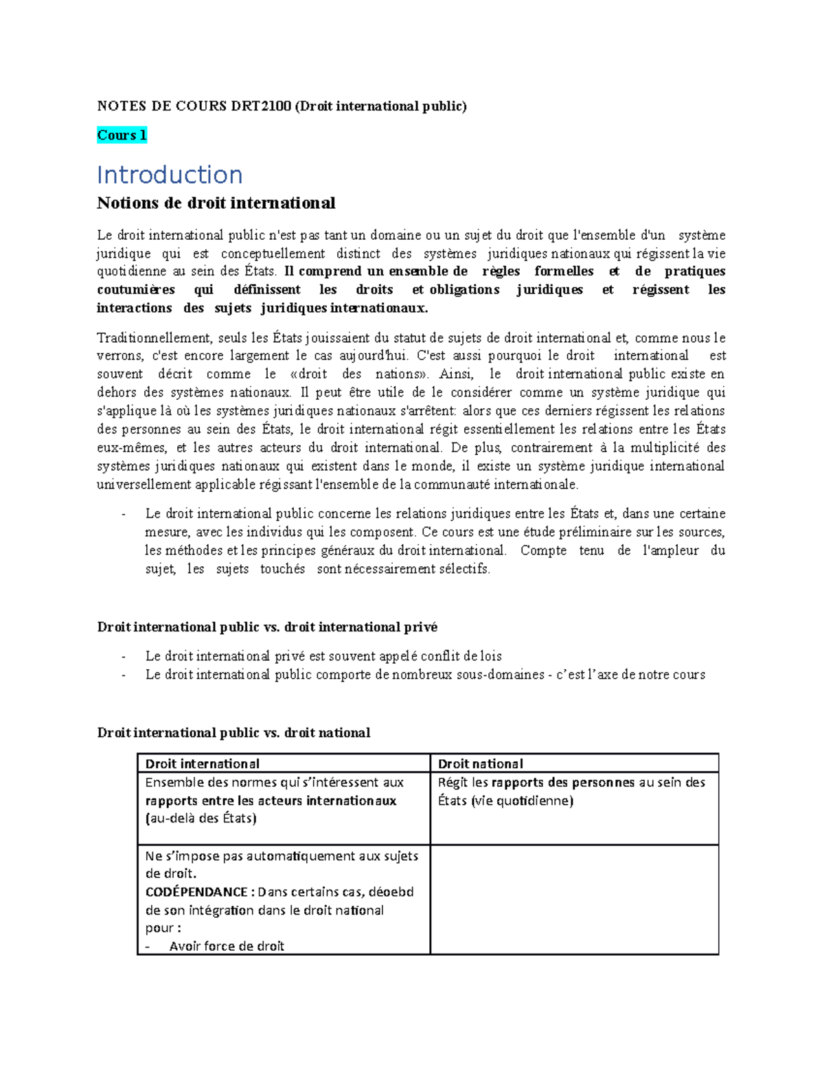 Notes de cours (Intra) - NOTES DE COURS DRT2100 (Droit international ...