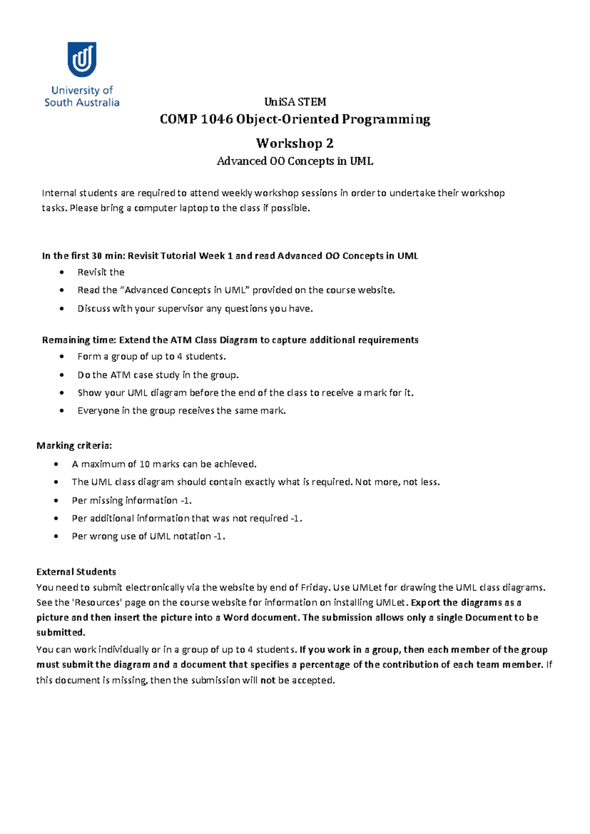 COMP 1046 WS 02 UMLExercise - UniSA STEM COMP 10 46 Object-Oriented Programming Workshop 2 ...