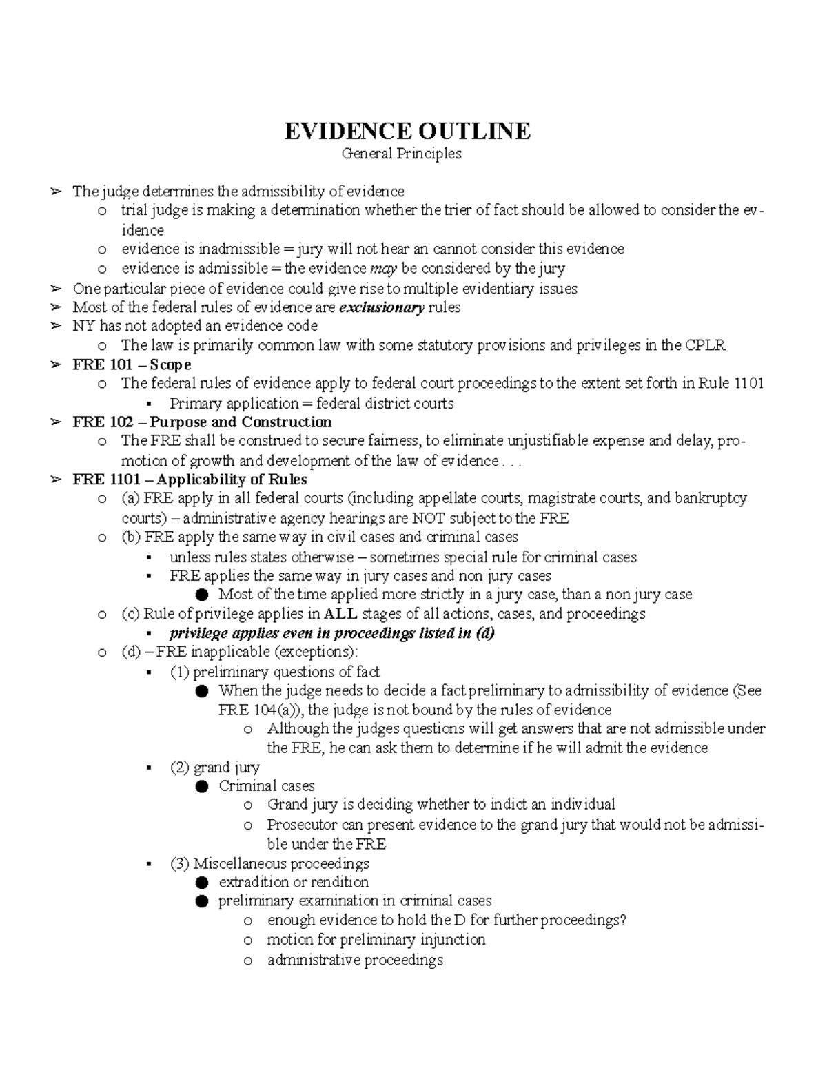 MY evidence outline 2019 - EVIDENCE OUTLINE General Principles The ...