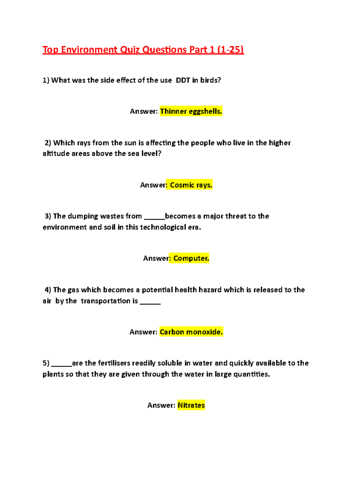Top Environment Quiz Questions Part 1 - altitude areas above the sea ...