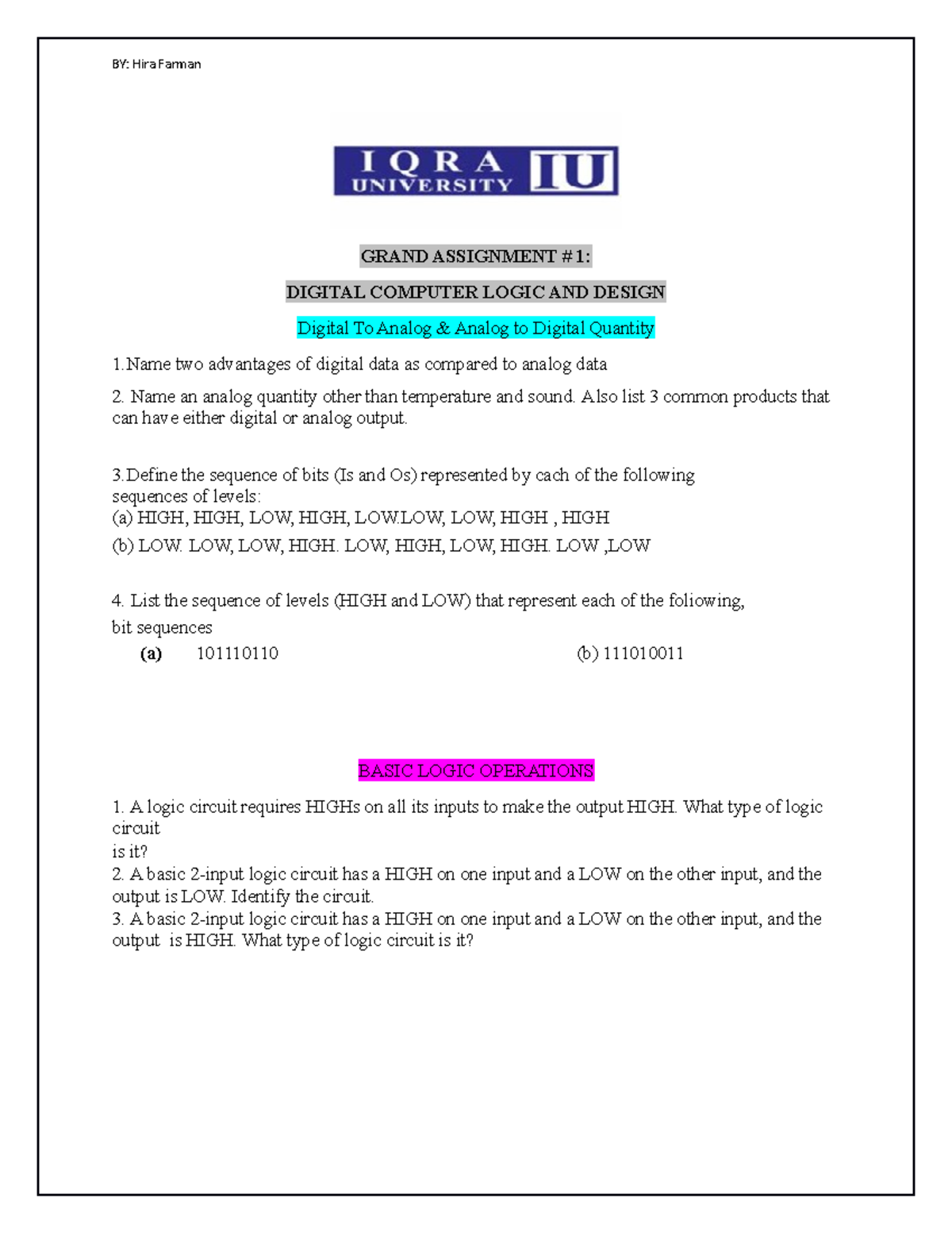 Assignment 1 DLD - bet - GRAND ASSIGNMENT # 1: DIGITAL COMPUTER LOGIC AND DESIGN Digital To ...