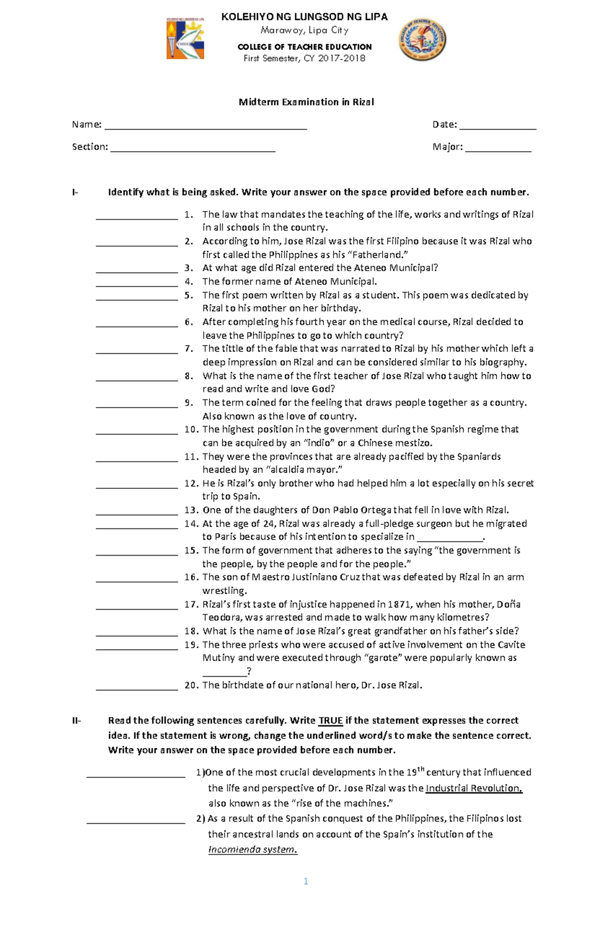 Midterm Examination in Rizal - 1 KOLEHIYO NG LUNGSOD NG LIPA Marawoy ...