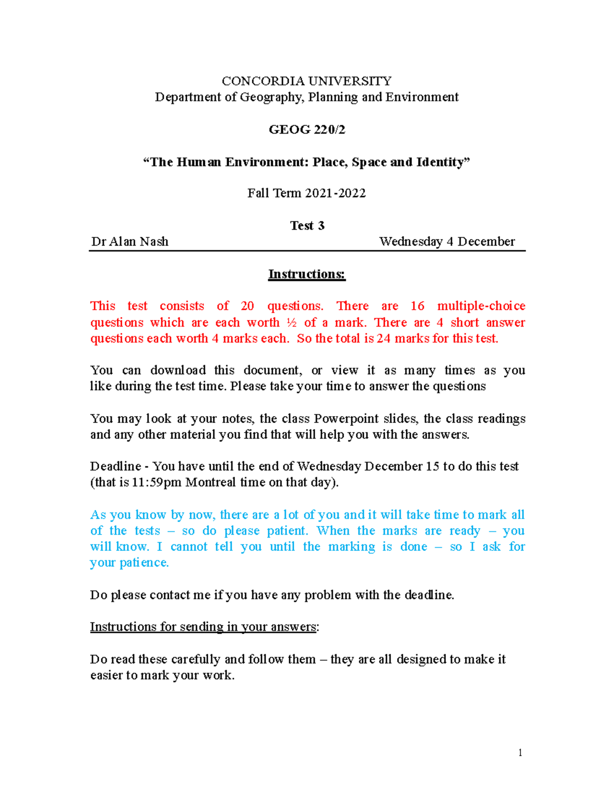 GEOG 220 fall 2021 Test 3 Questions Final - 1 CONCORDIA UNIVERSITY ...