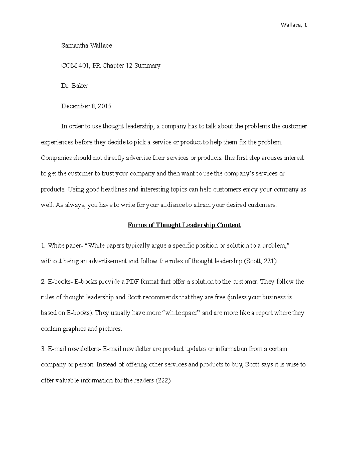 Pr Summary - Wallace, 1 Samantha Wallace COM 401, PR Chapter 12 Summary ...