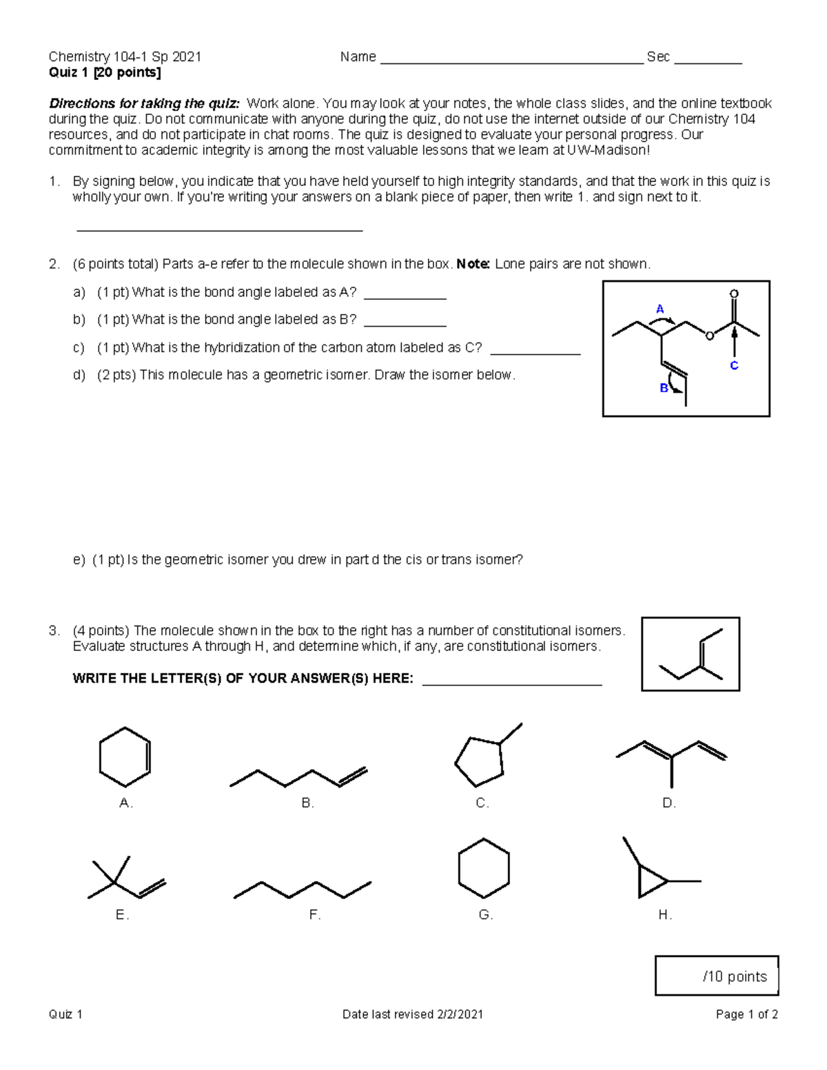 Chem104Quiz1 - quiz - Quiz 1 Date last revised 2/2/2021 Page 1 of 2 ...