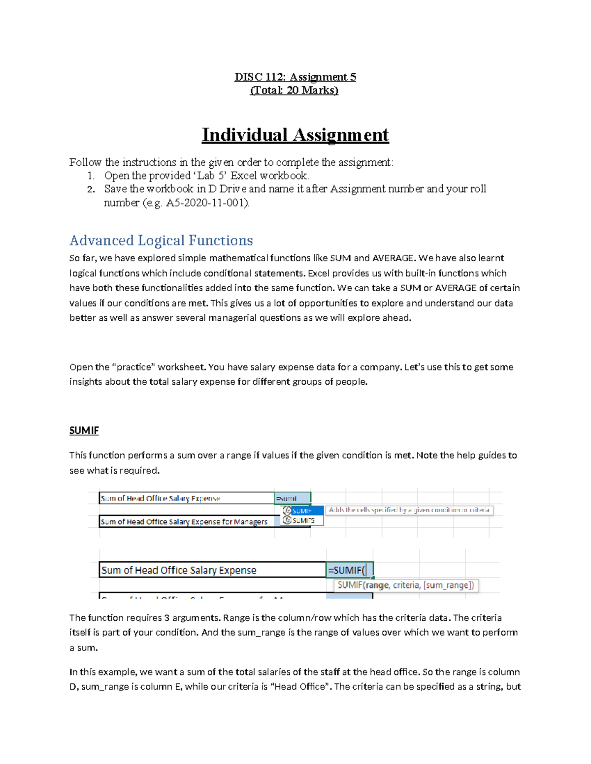 Lab 5 - lab - DISC 112: Assignment 5 (Total: 20 Marks) Individual Assignment Follow the ...