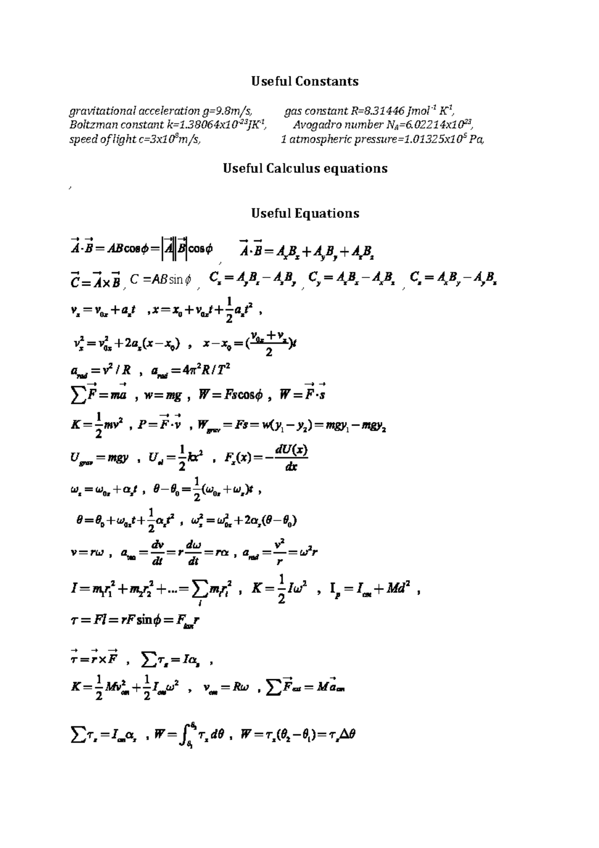 Equations for PHY1201 - equation - Useful Constants gravitational ...