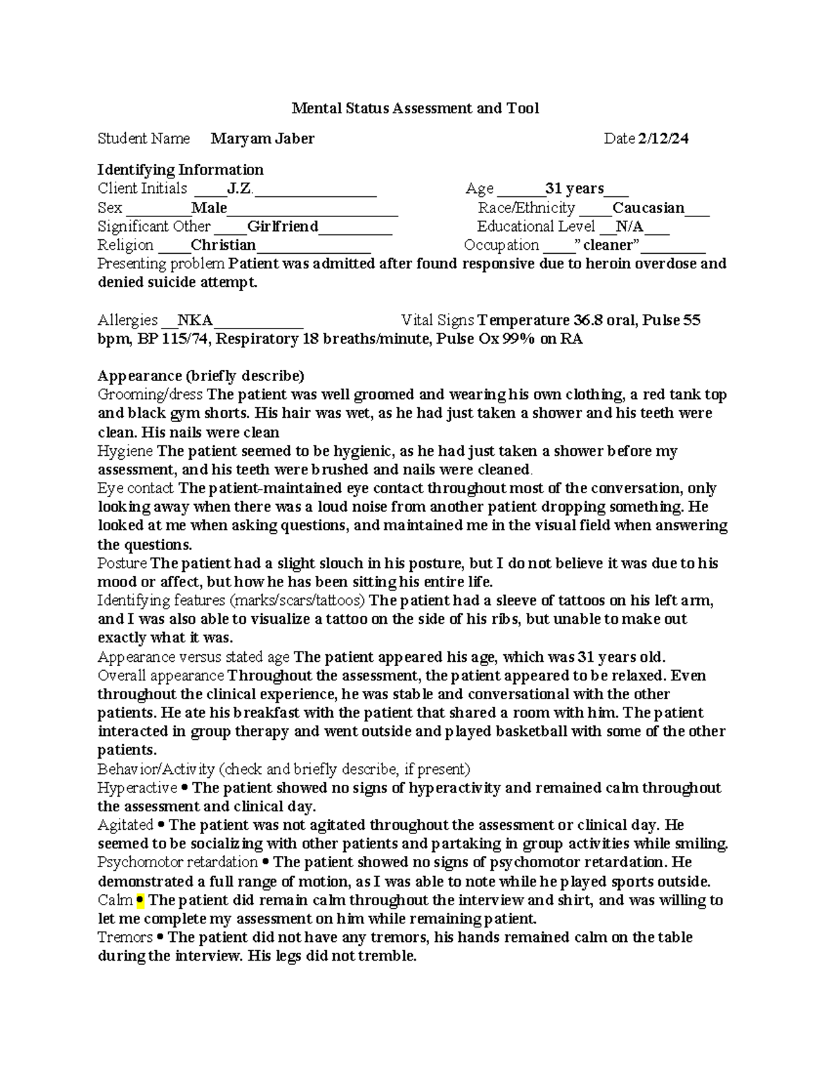 MSAT 1 JZ - Mental Status Exam - Mental Status Assessment and Tool ...