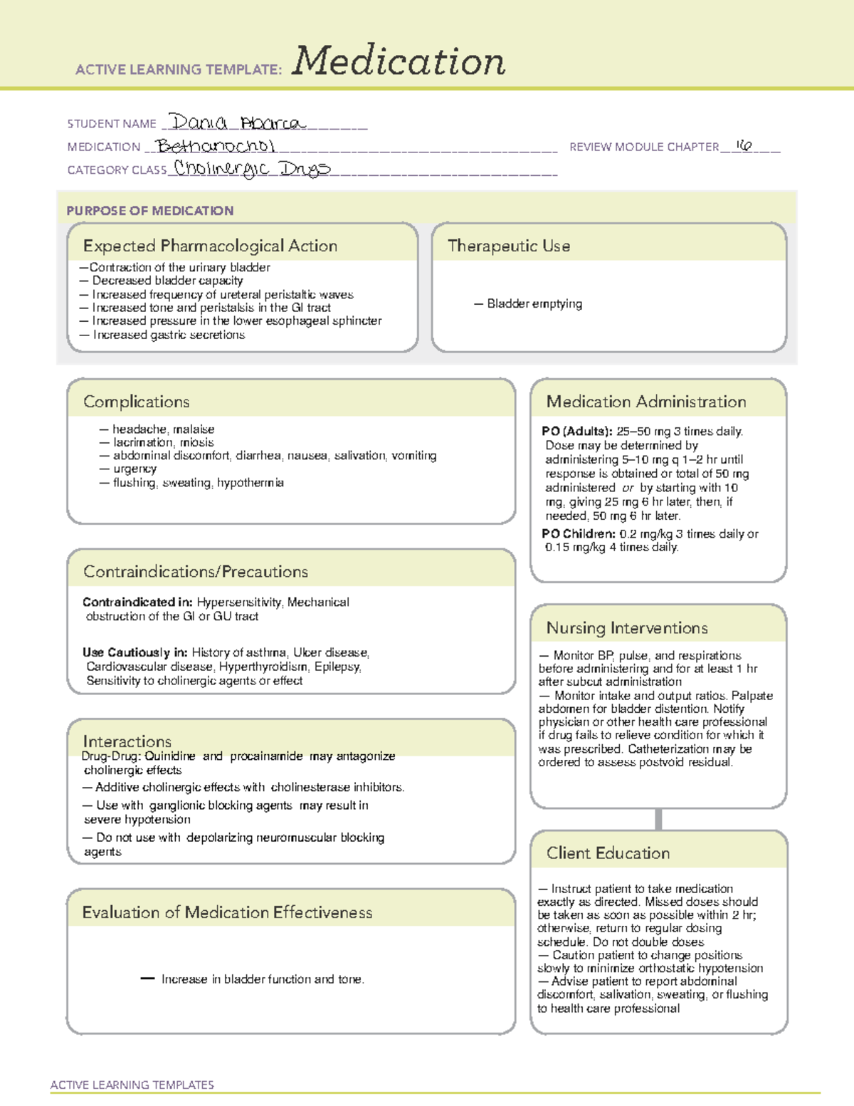 Bethanochol - Pharm - ACTIVE LEARNING TEMPLATES Medication STUDENT NAME ...