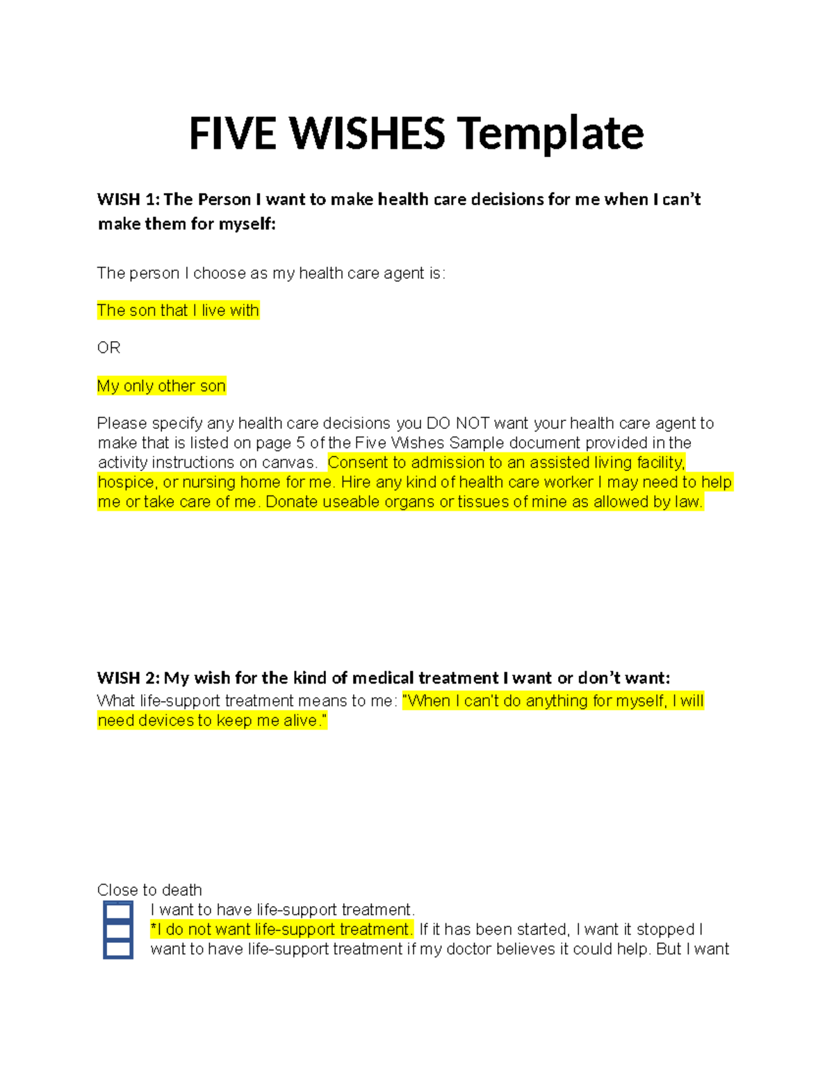 Document to a patient's five wishes - FIVE WISHES Template WISH 1: The ...