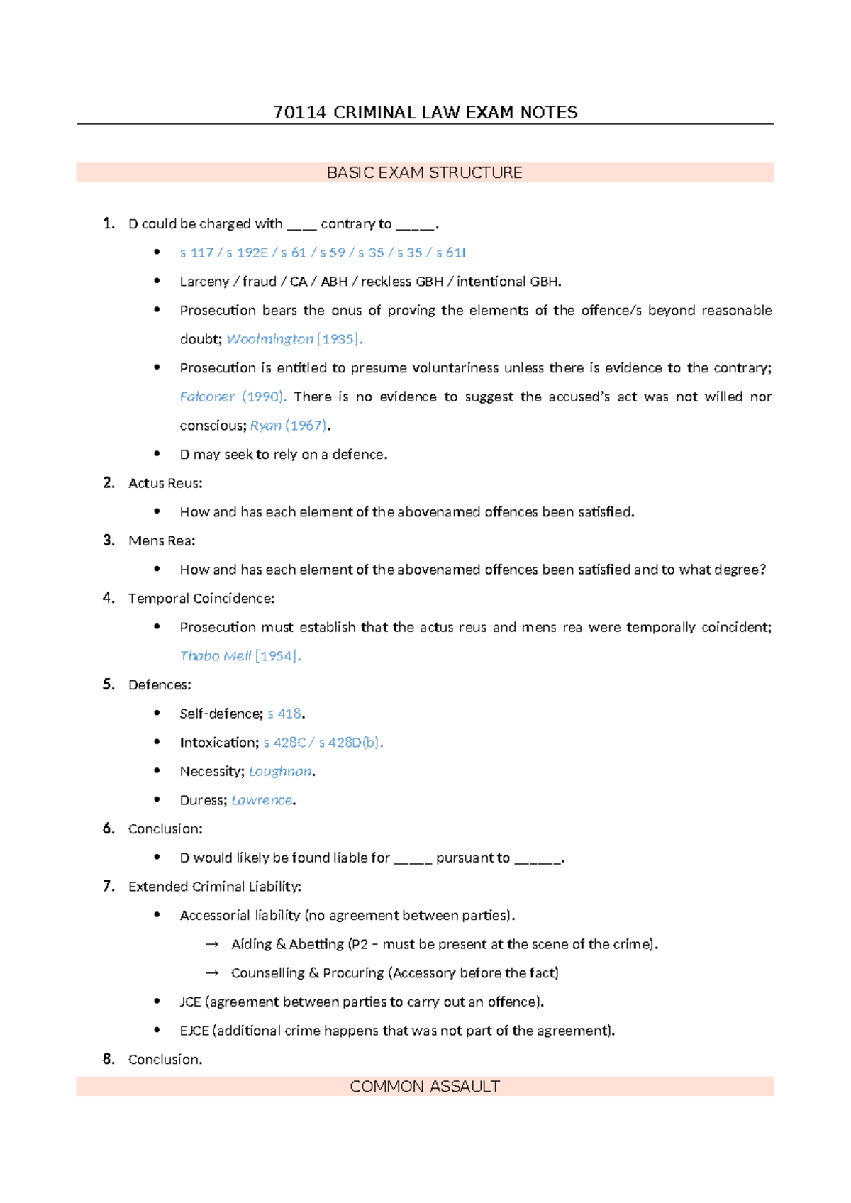 CRIM Exam Notes - 70114 CRIMINAL LAW EXAM NOTES BASIC EXAM STRUCTURE D ...