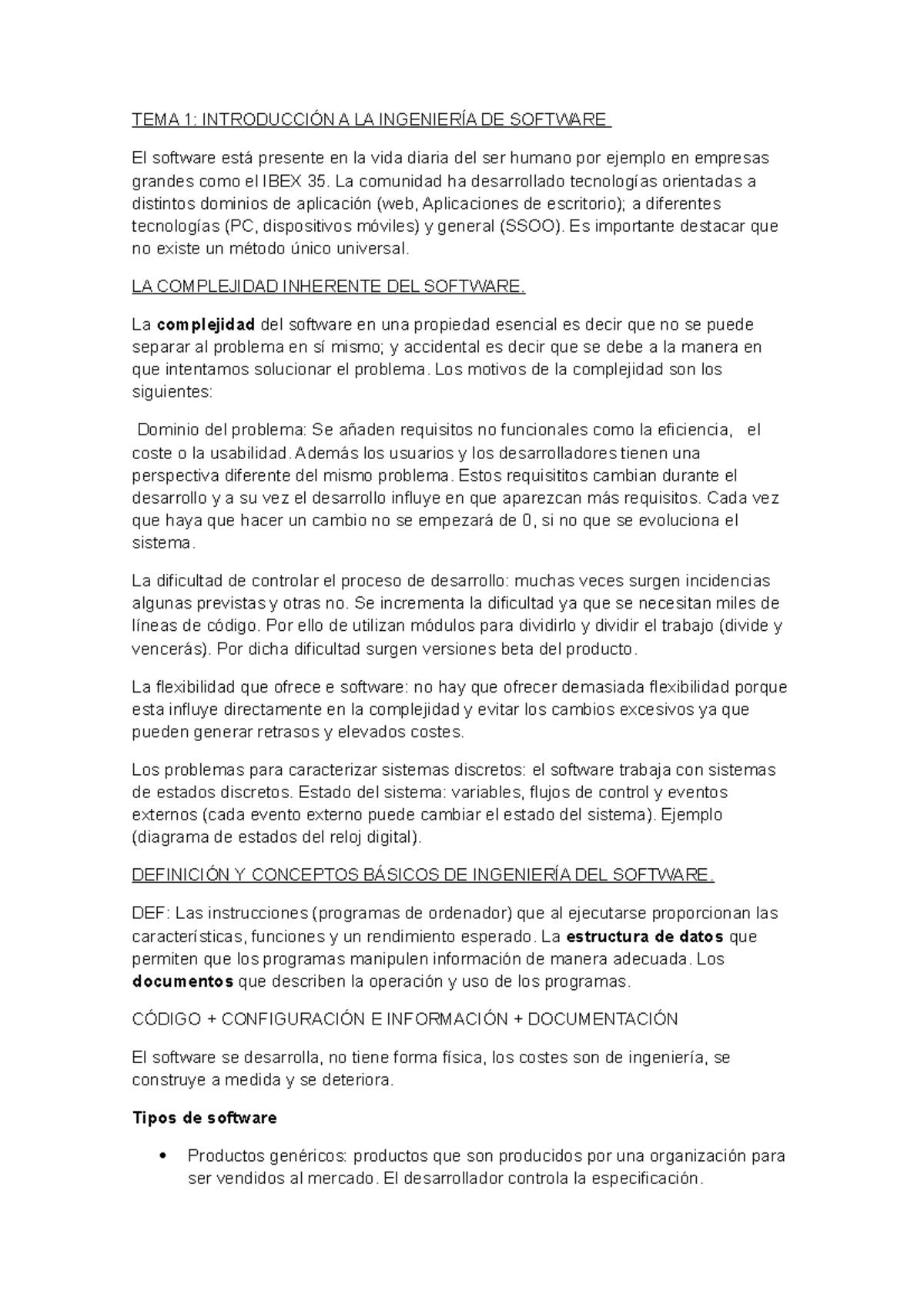 TEMA 1 resumen - TEMA 1: INTRODUCCIÓN A LA INGENIERÍA DE SOFTWARE El ...