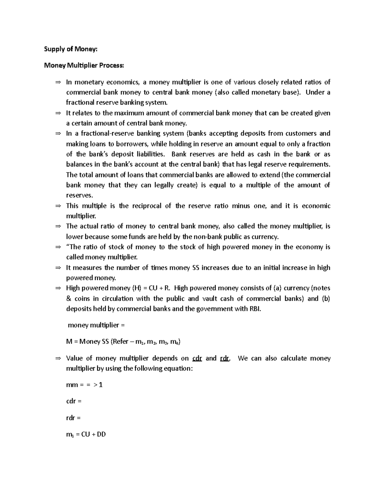Money Multiplier Process - Macro Economics II - UoK - Studocu