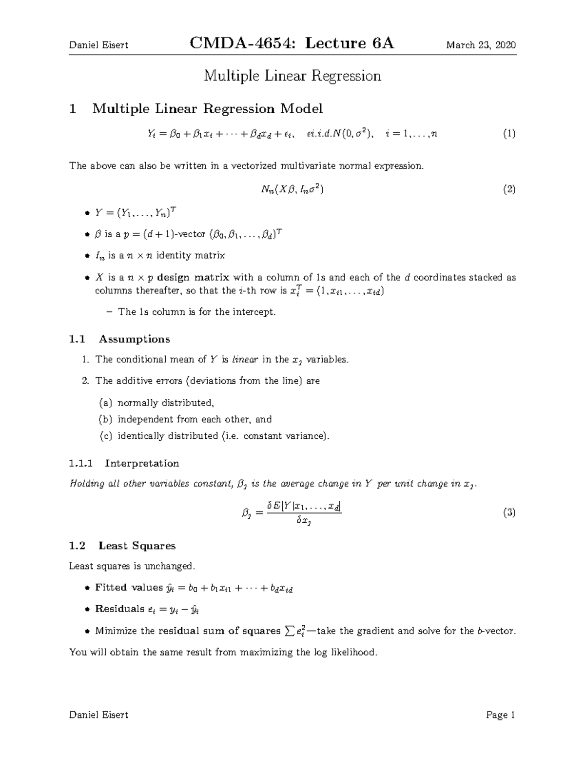 CMDA 4654 Video Lecture 6A Multiple Linear Regression - Multiple Linear Regression 1 Multiple ...