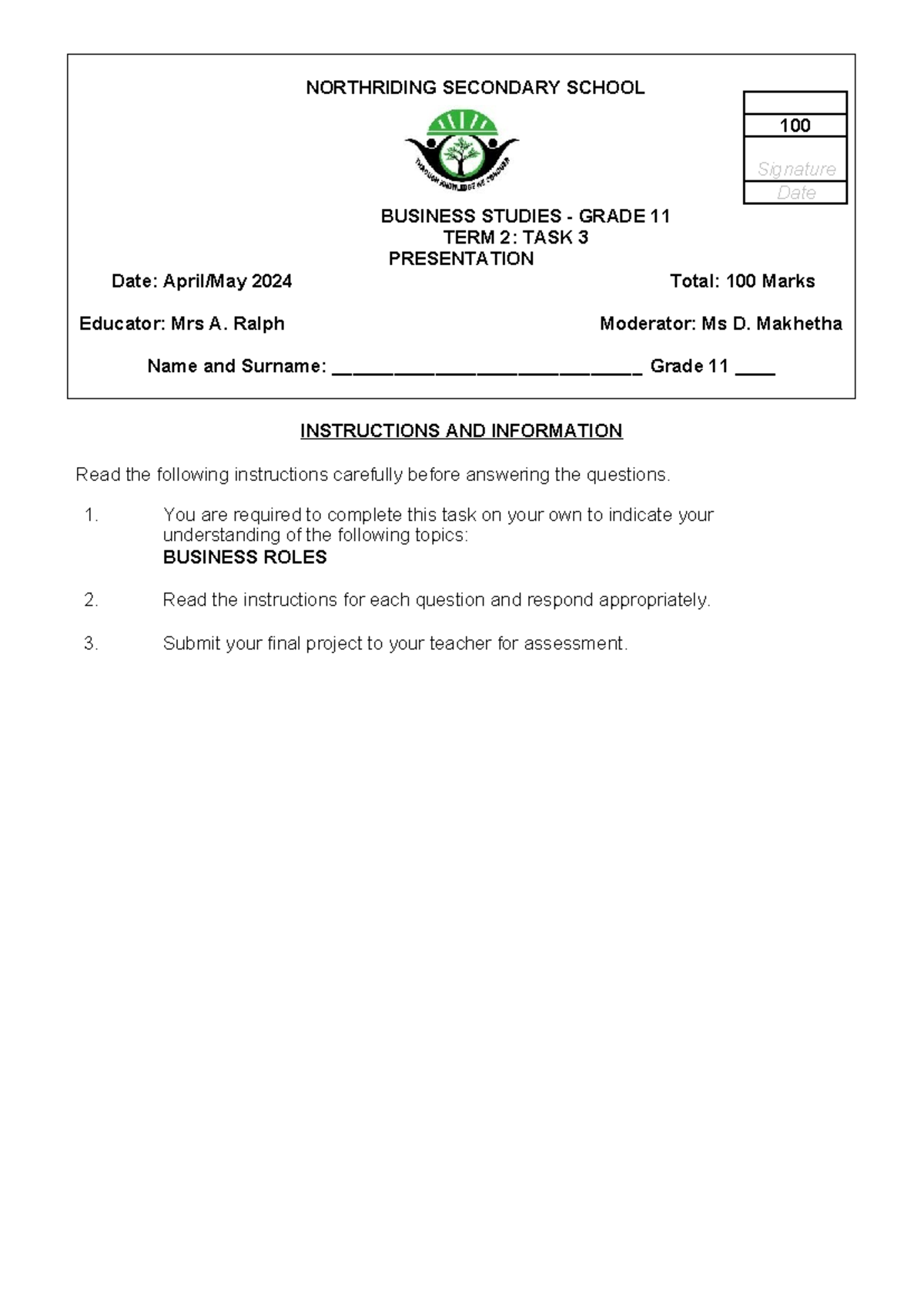 Term 1 - TEST 2023 Grade 11 - NORTHRIDING SECONDARY SCHOOL BUSINESS ...