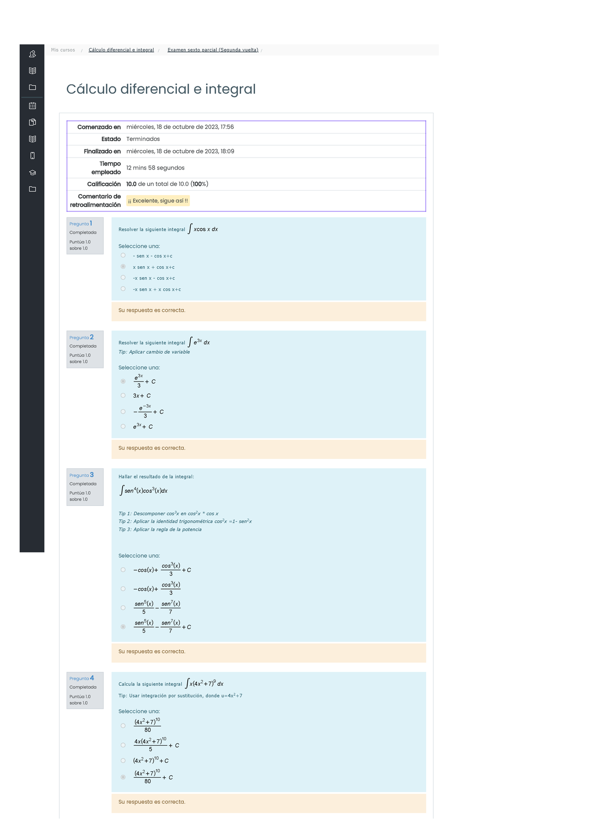 Examen sexto parcial Revisión del intento Calculo diferencial e integral - Cálculo diferencial e ...