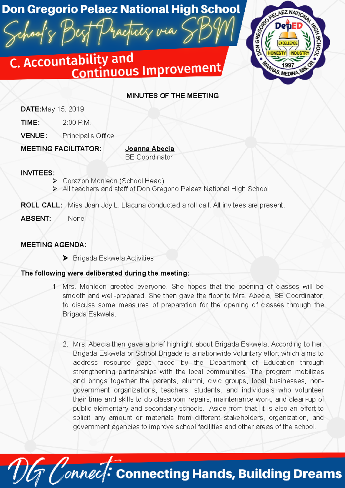 Narrative Report OF Brigada Eskwela 2020 - MINUTES OF THE MEETING DATE ...