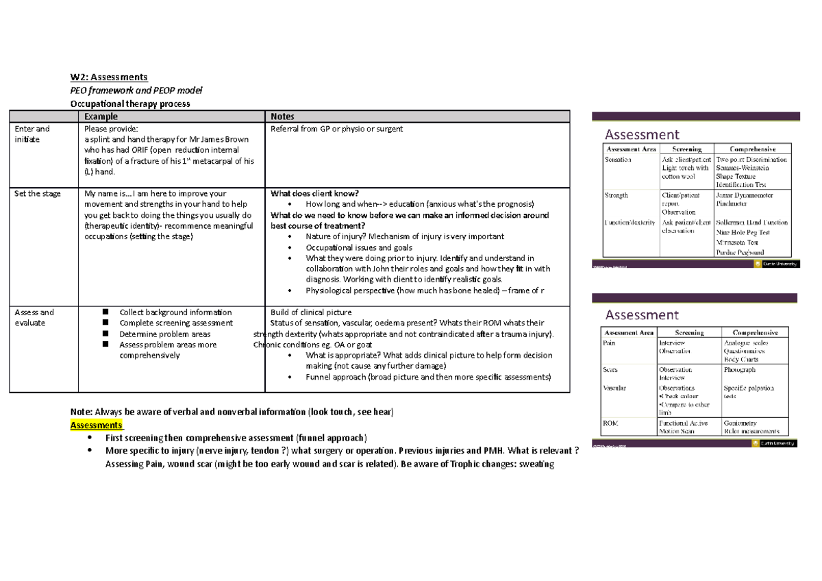 Assessment and intervention notes - W2: Assessments PEO framework and ...
