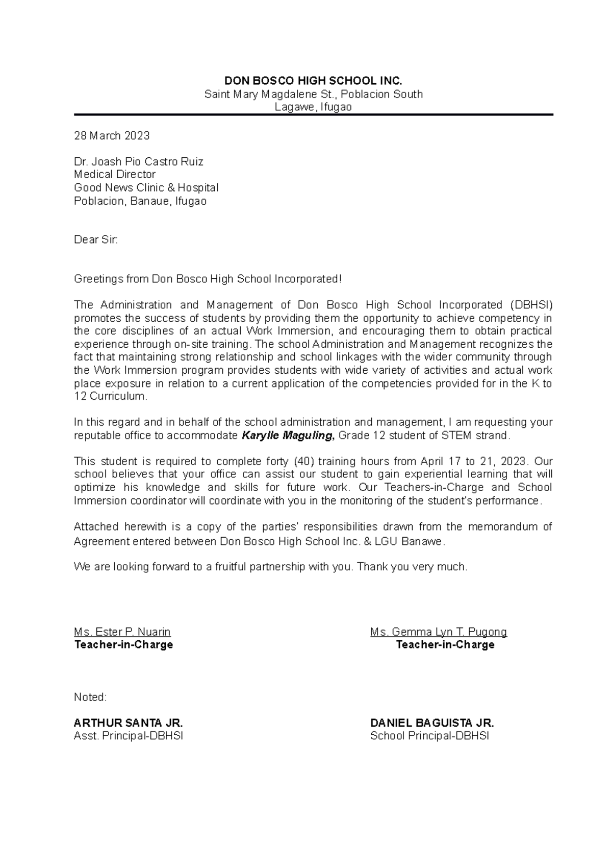 Letter ( Banaue) - Lecture - Saint Mary Magdalene St., Poblacion South ...