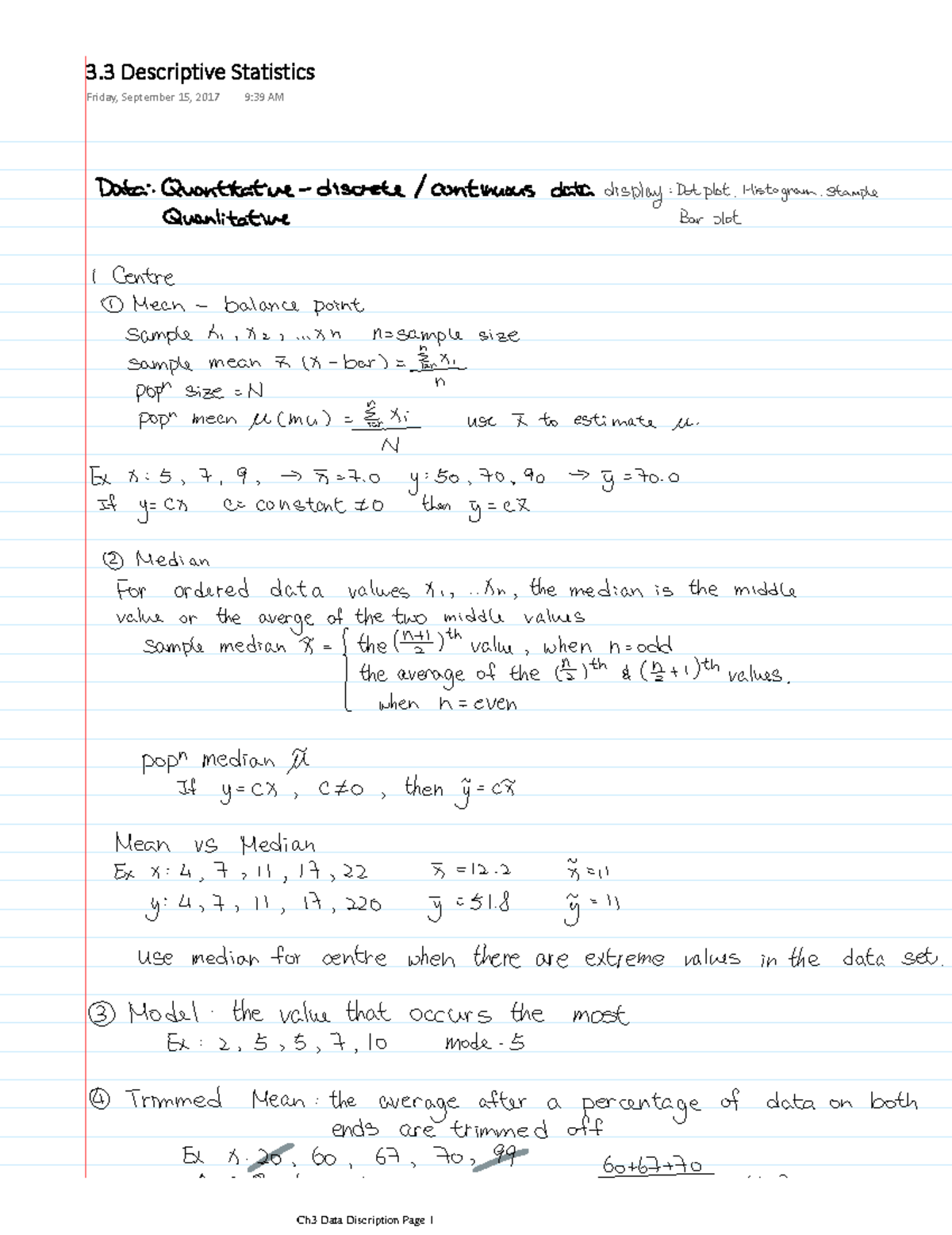 Stat 260 - lecture notes - 3 Descriptive Statistics Friday, September ...