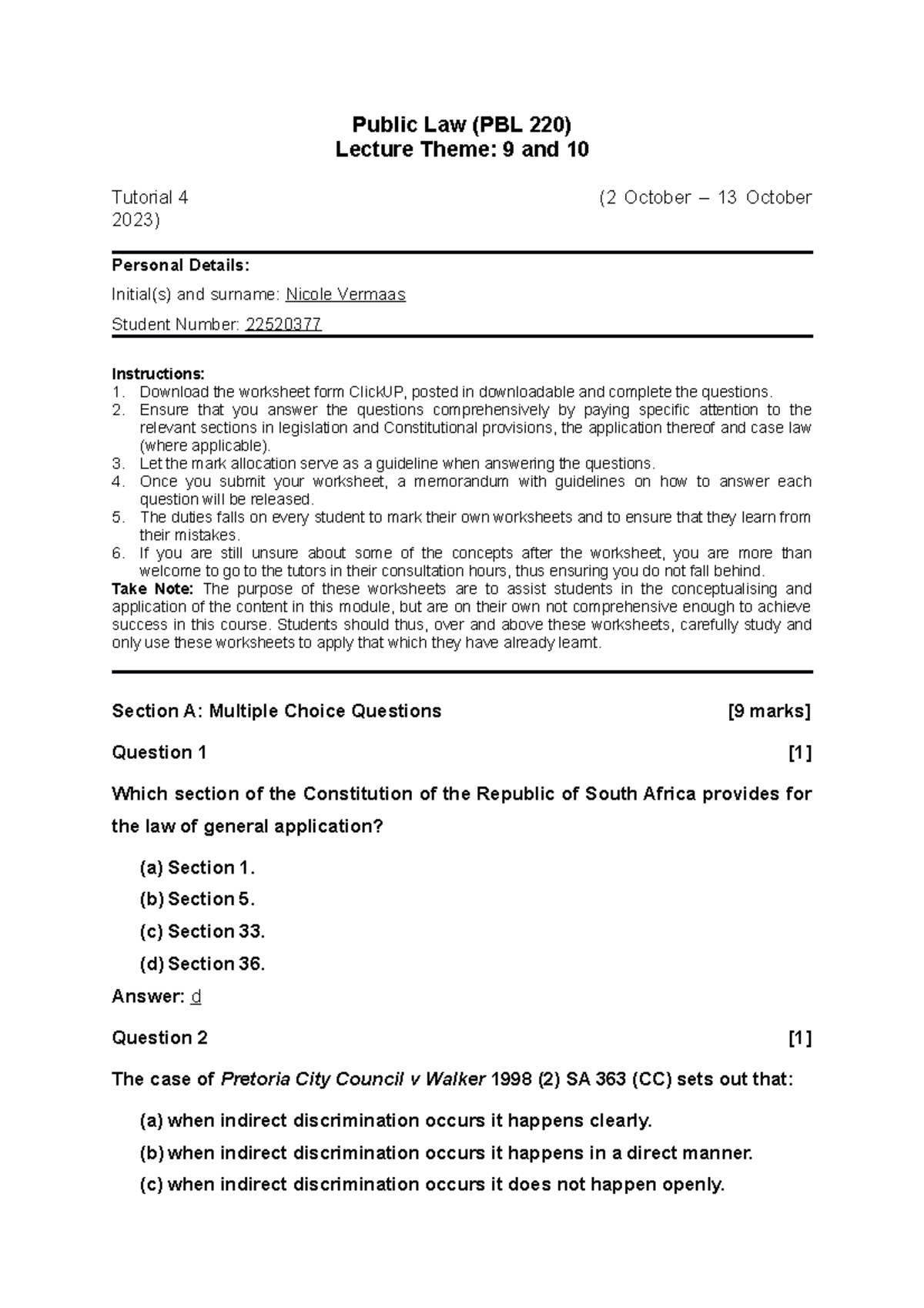 Tutorial 4 PBL 220 2023 - Public Law (PBL 220) Lecture Theme: 9 and 10 Tutorial 4 (2 October ...