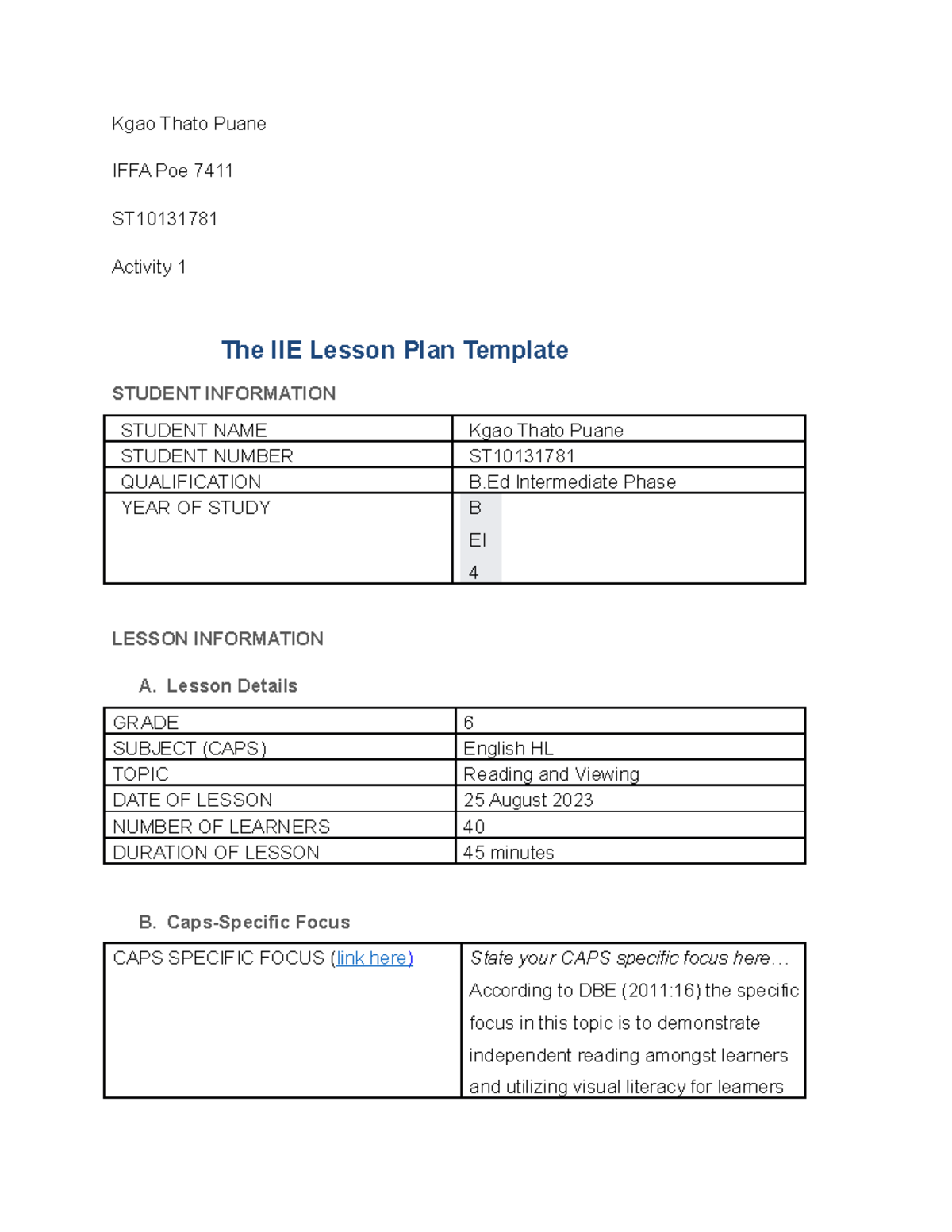 IFFA Poe - POE - Kgao Thato Puane IFFA Poe 7411 ST Activity 1 The IIE ...