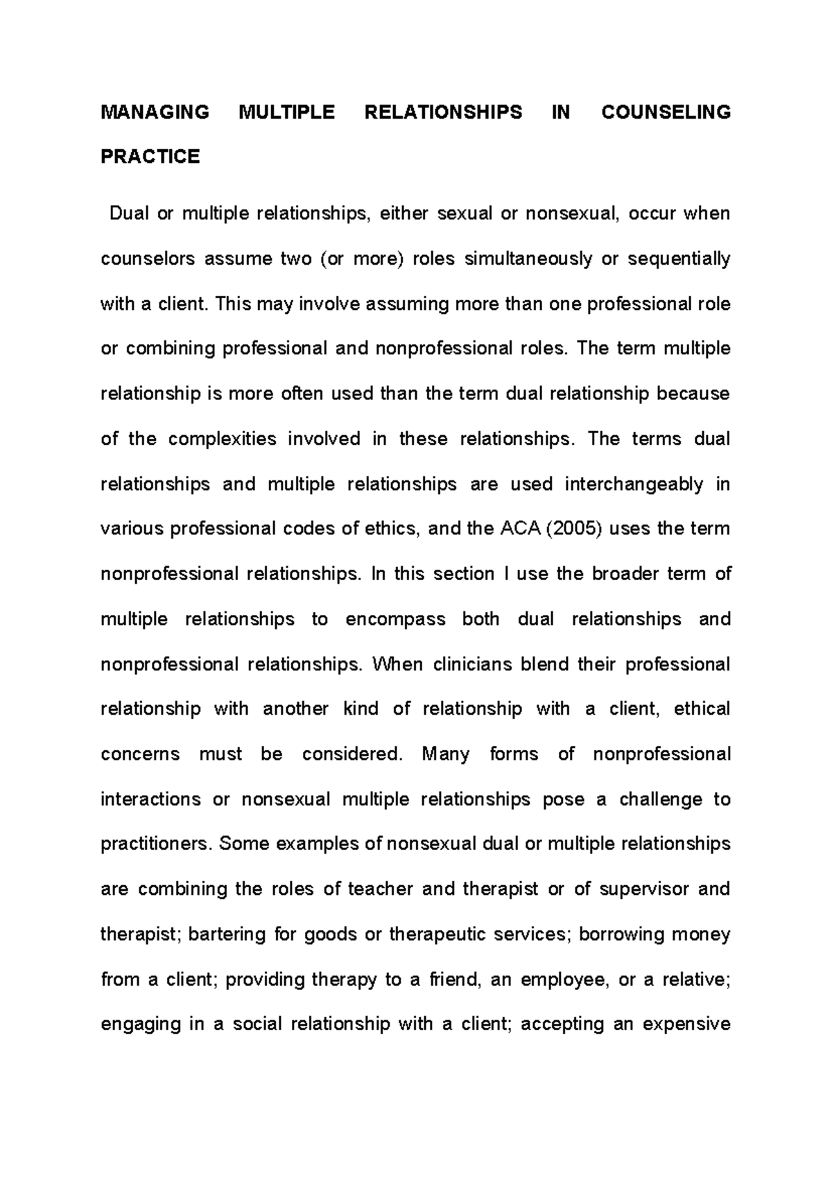 Managing Multiple Relationships IN Counseling Practice - MANAGING ...