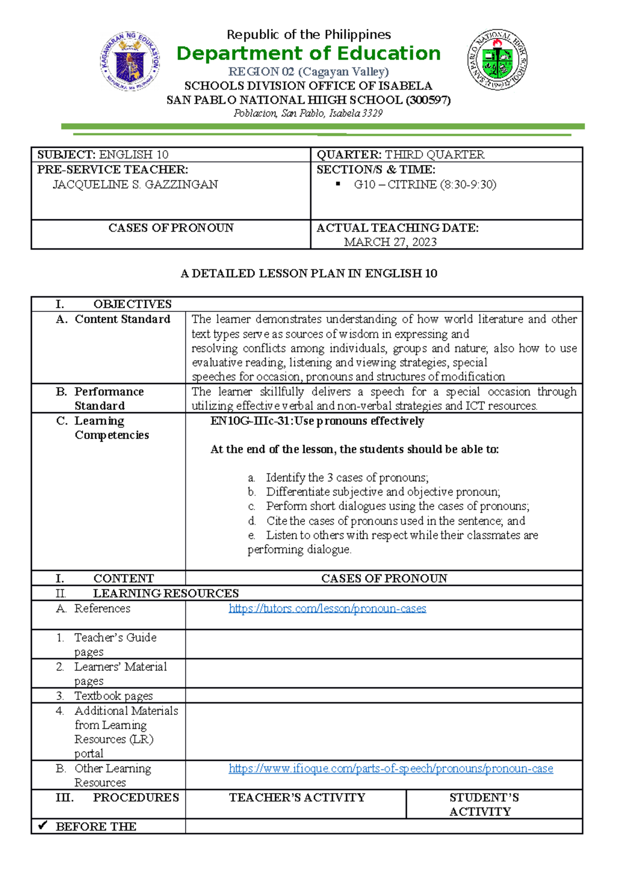 Dlp cases of pronoun - Department of Education REGION 02 (Cagayan ...