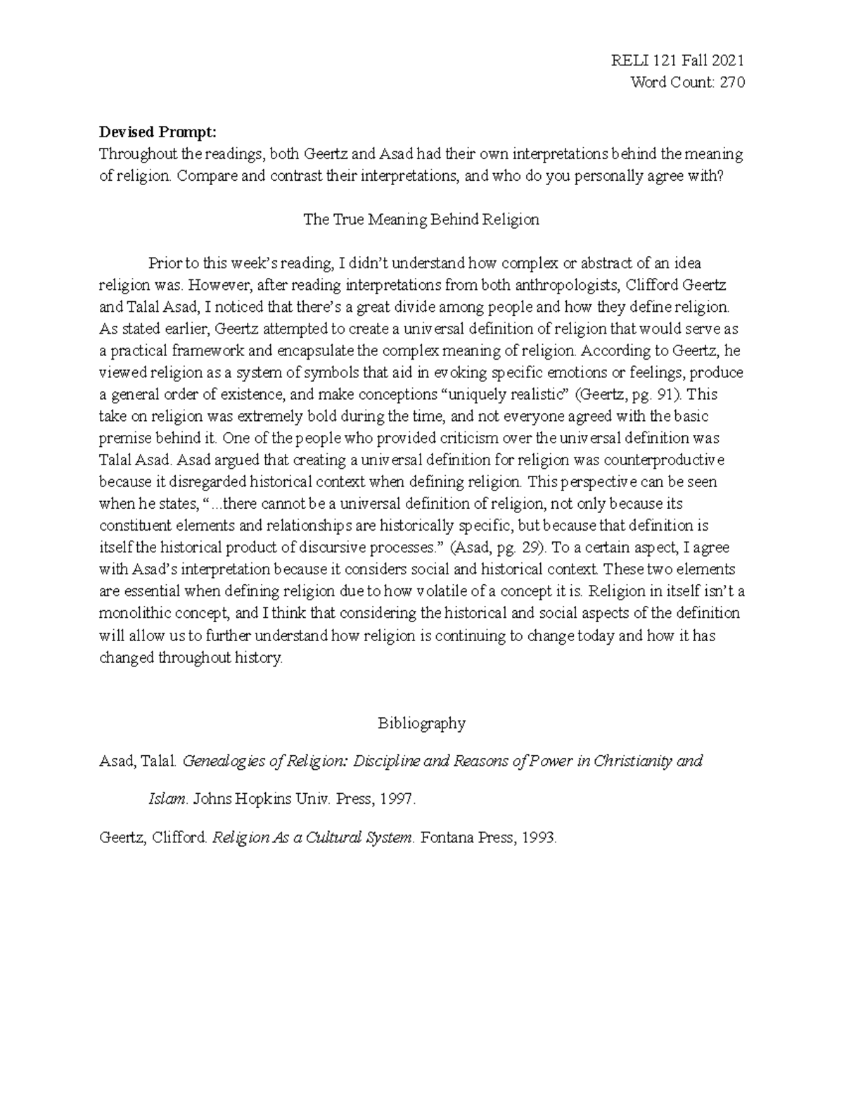Week 3 Recitation Paper - RELI 121 Fall 2021 Word Count: 270 Devised ...