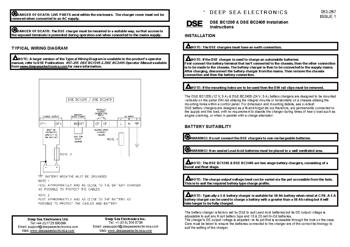 DSE BC1205 DSE BC2405 Installation Manual - DANGER OF DEATH: LIVE PARTS ...