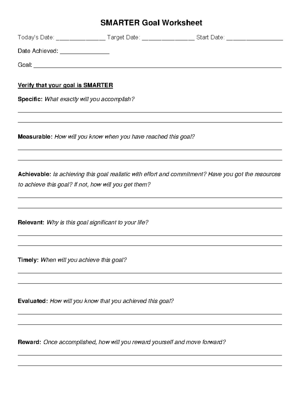 Smarter Goals Worksheet Fillable - SMARTER Goal Worksheet Today’s Date ...