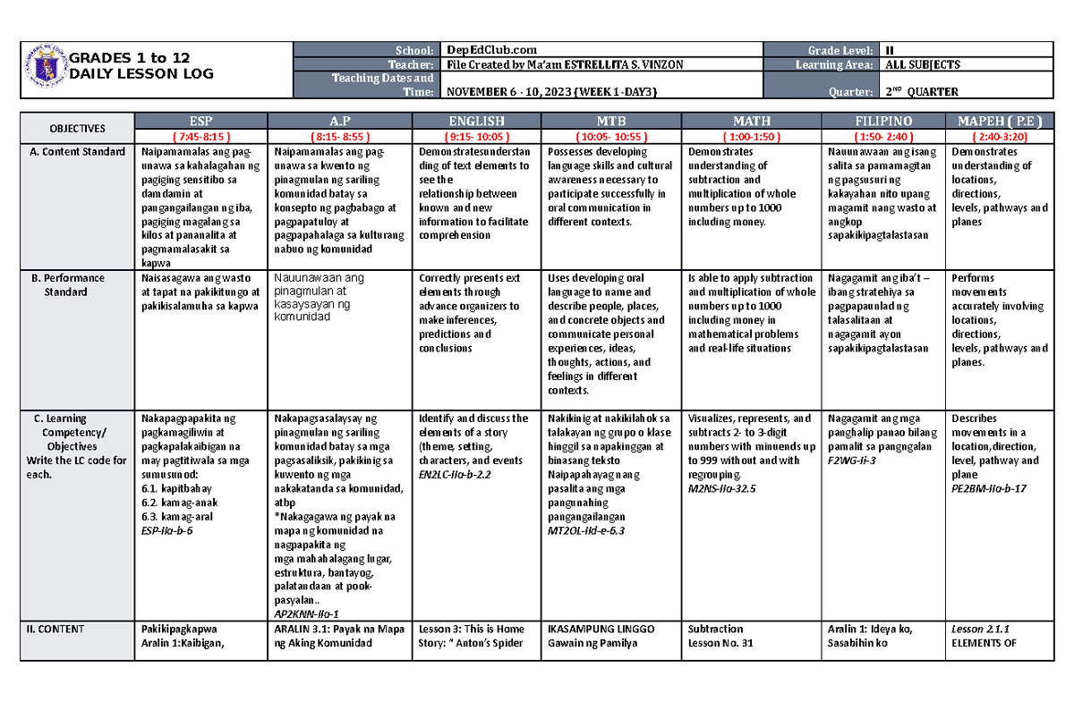 DLL ALL Subjects 2 Q2 W1 D3 - GRADES 1 to 12 DAILY LESSON LOG School ...